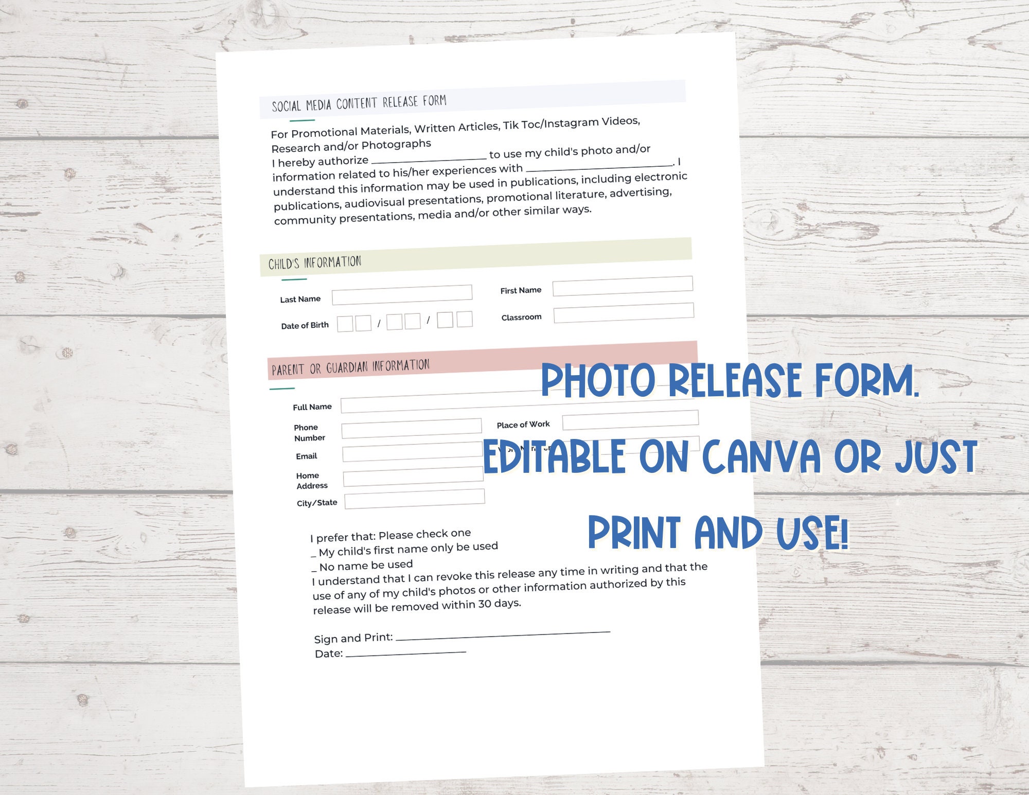 Childcare Photo Release Form, Editable Template (canva, PDF) - Etsy