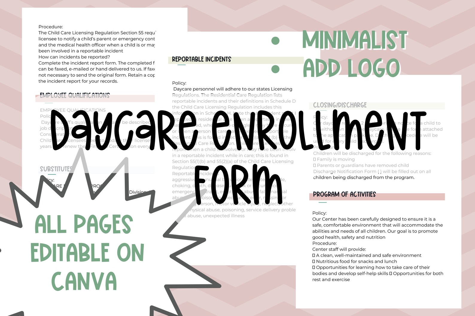 DAYCARE ENROLLMENT FORMS/ Childcare Center Printable Daycare - Etsy