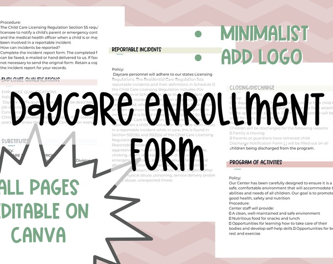 DAYCARE ENROLLMENT FORMS/ Childcare Center Printable Daycare - Etsy