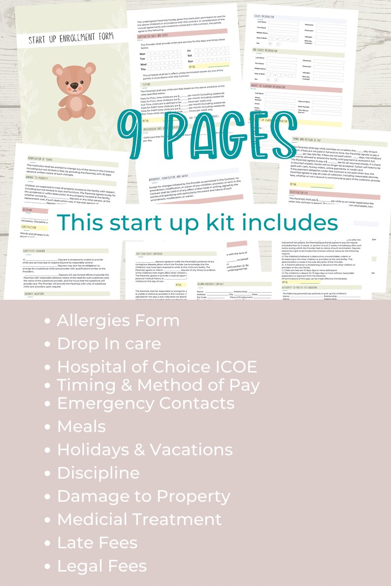 DAYCARE ENROLLMENT FORMS/ Childcare Center Printable Daycare - Etsy