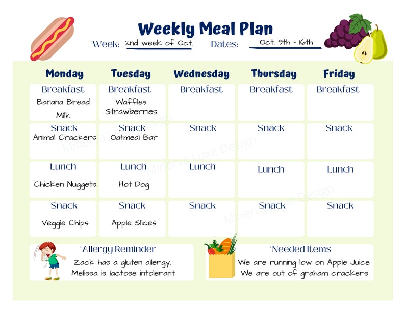 Daycare, Childcare, Home Care Printable Meal Plan, Meal Prep Planner ...