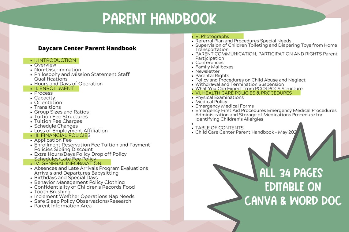 Parent Handbook for Daycare, 34 Pages, Editable on Word or CANVA ...
