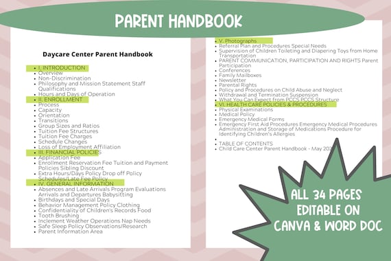 Parent Handbook for Daycare 34 Pages Editable on Word or - Etsy