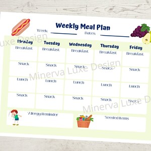 Daycare, Childcare, Home Care Printable Meal Plan, Meal Prep Planner ...