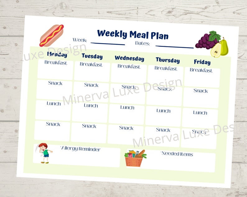 Daycare, Childcare, Home Care Printable Meal Plan, Meal Prep Planner ...