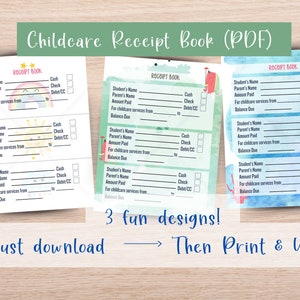 Childcare Receipt Book. Daycare Receipt Book. 3 Colorful Designs ...
