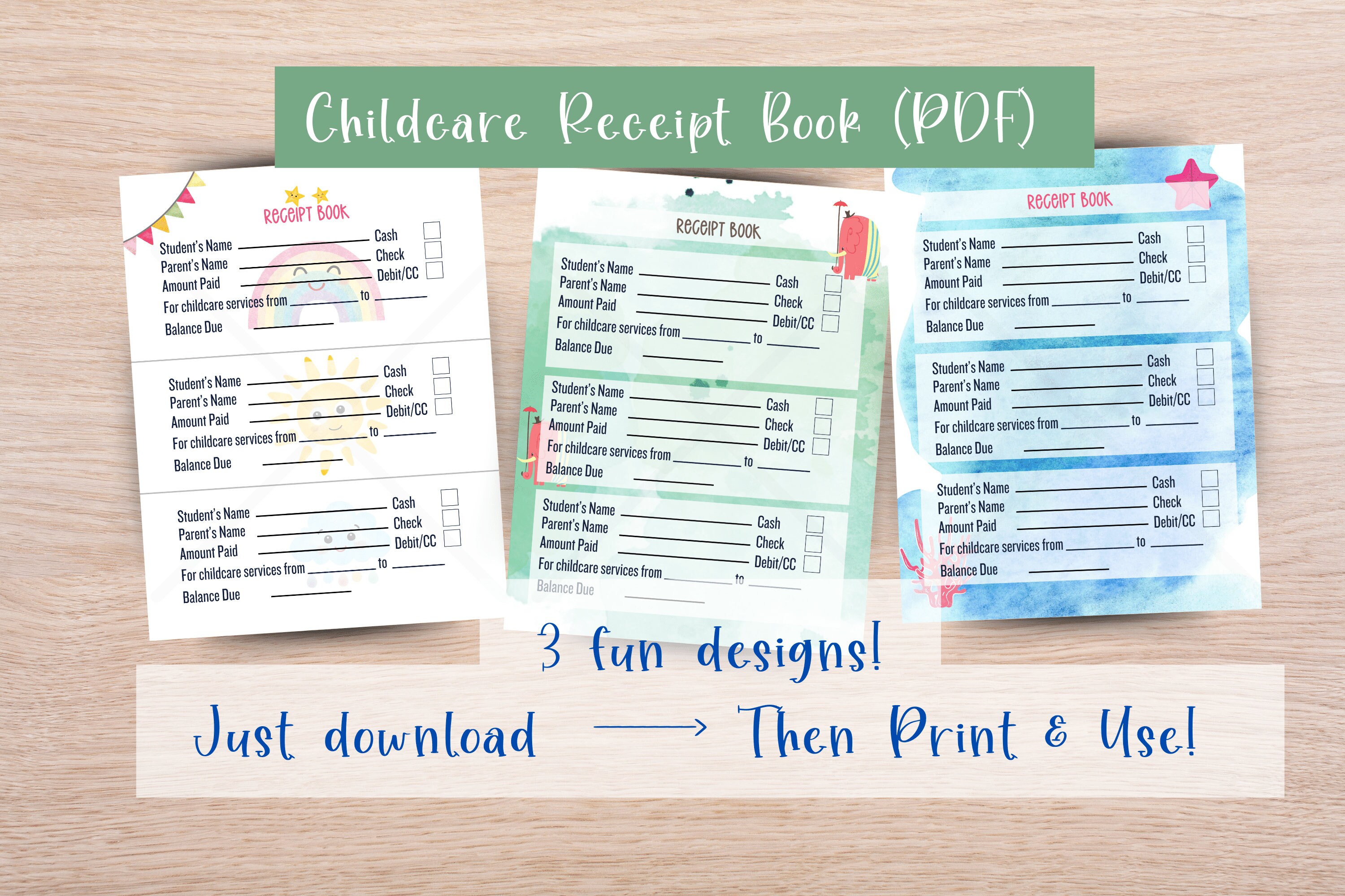 Childcare Receipt Book. Daycare Receipt Book. 3 Colorful Designs ...