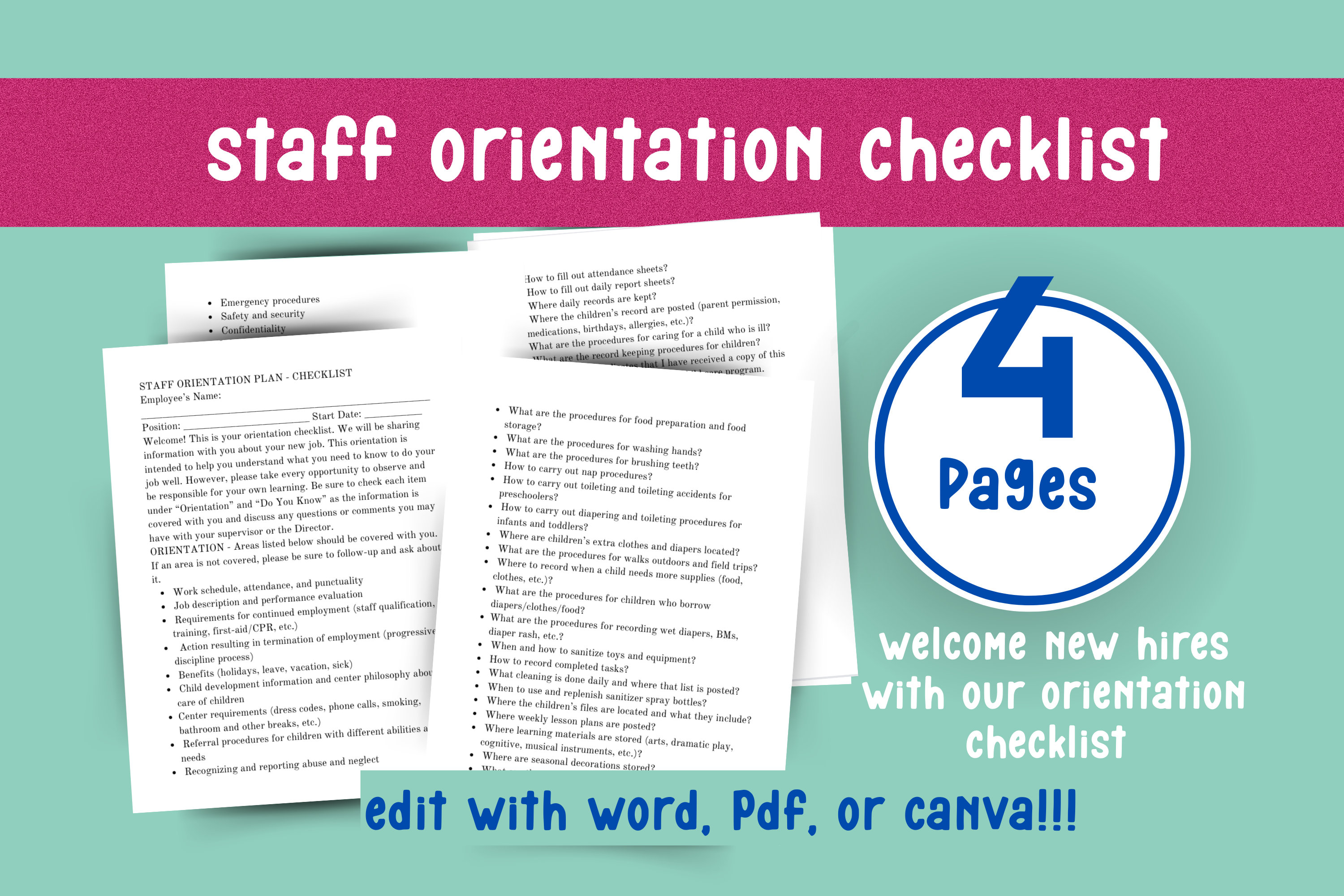 Daycare Employee Orientation Checklist for New Childcare Teachers - Etsy