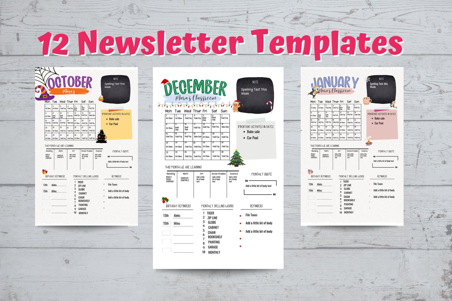 Editable Classroom Newsletter Template, 12 Month Calendar (digital ...