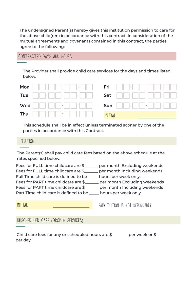 DAYCARE ENROLLMENT FORMS/ Childcare Center Printable Daycare - Etsy