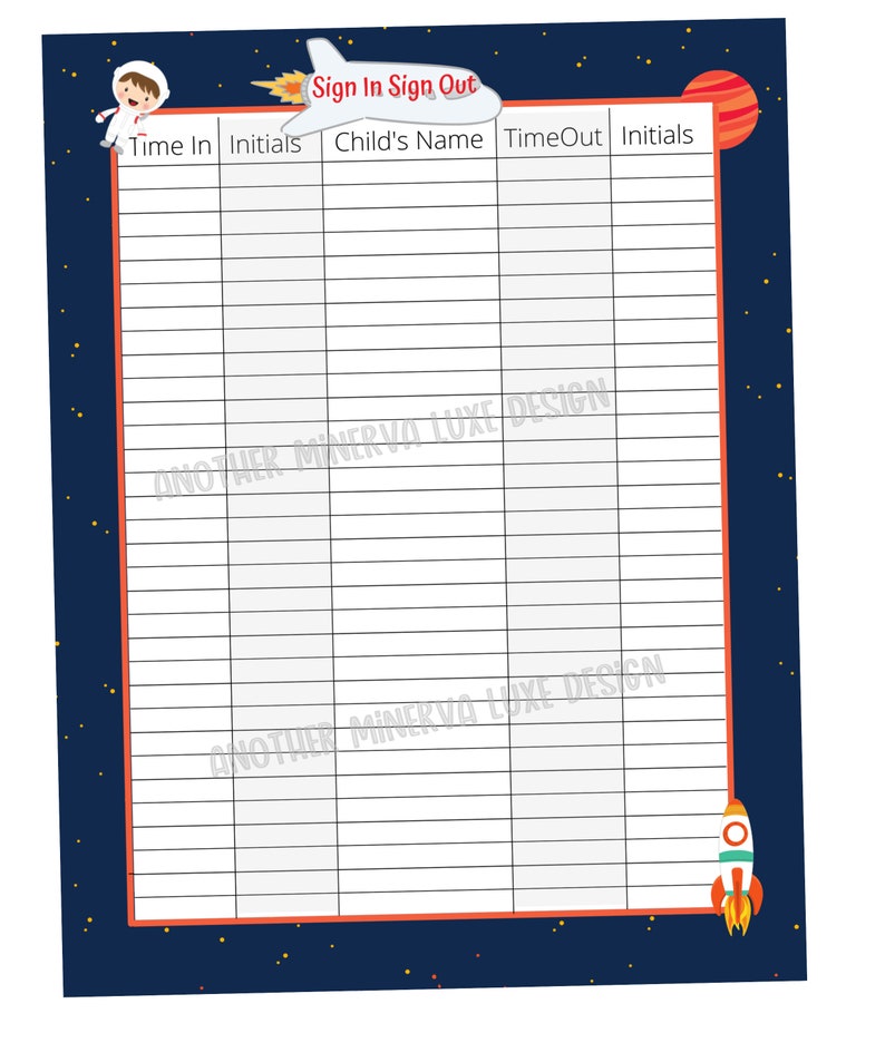 Out in Space Childcare Sign in Sheet - Etsy