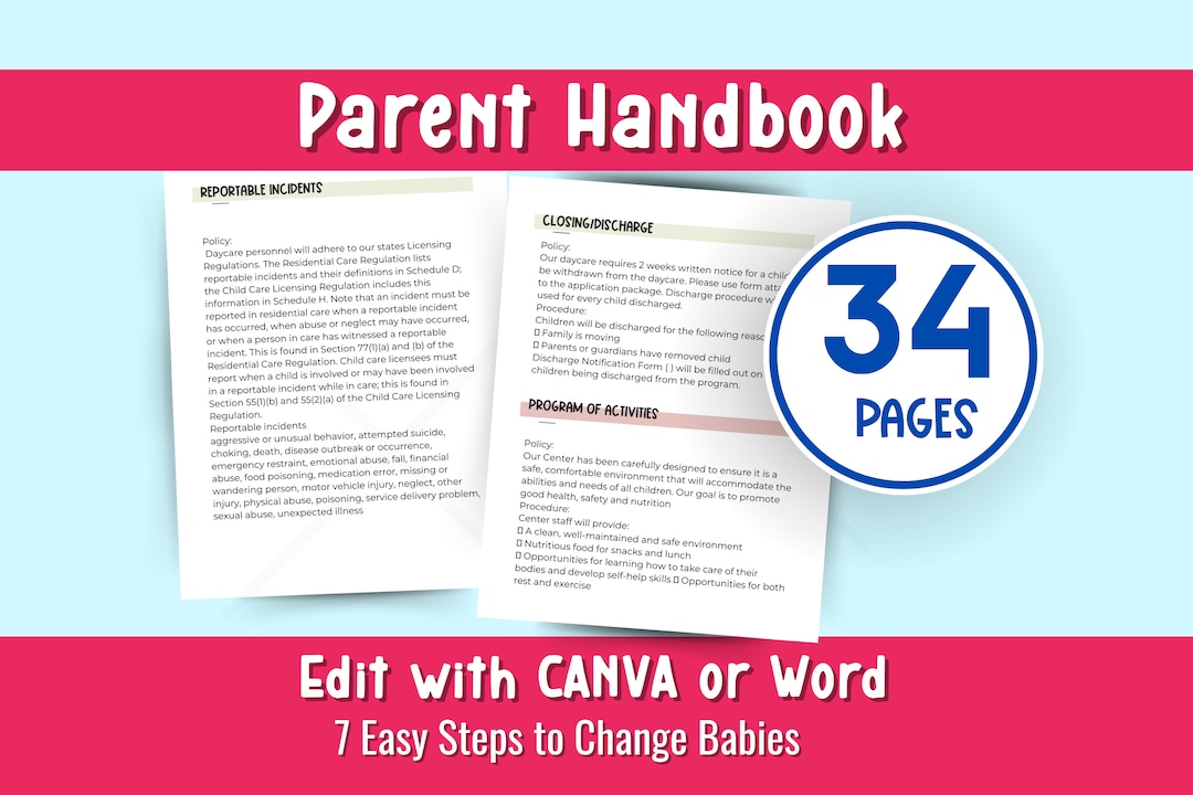 Daycare Parent Handbook, Editable 34-page Template (CANVA & Word) - Etsy