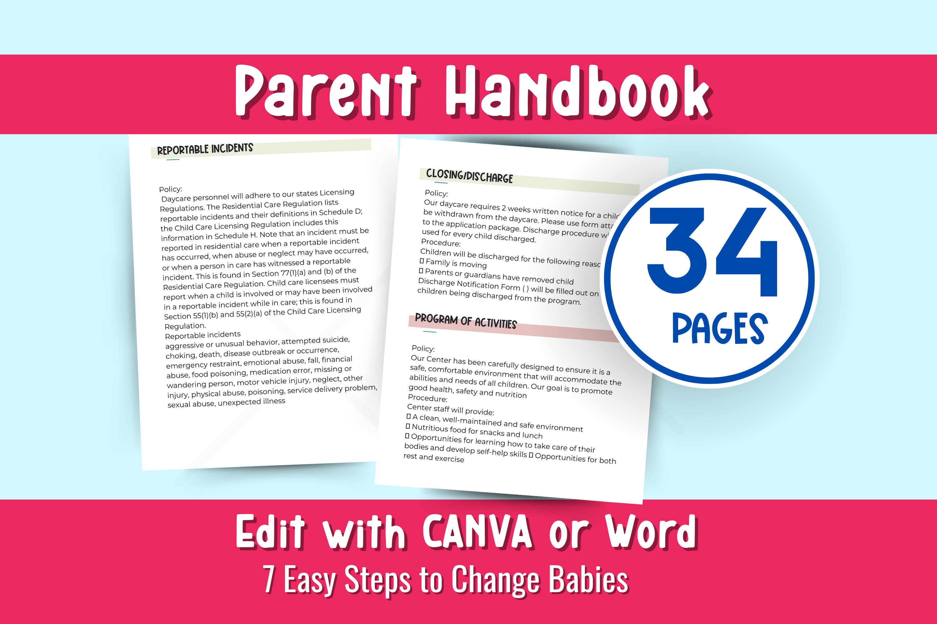 Parent Handbook for Daycare, 34 Pages, Editable on Word or CANVA ...