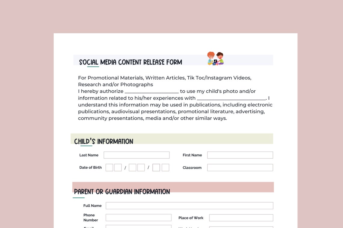 Childcare Photo Release Form, Editable Template (canva, PDF) - Etsy