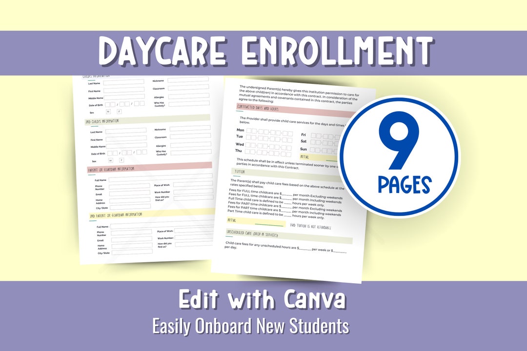 DAYCARE ENROLLMENT FORMS/ Childcare Center Printable Daycare Contract ...