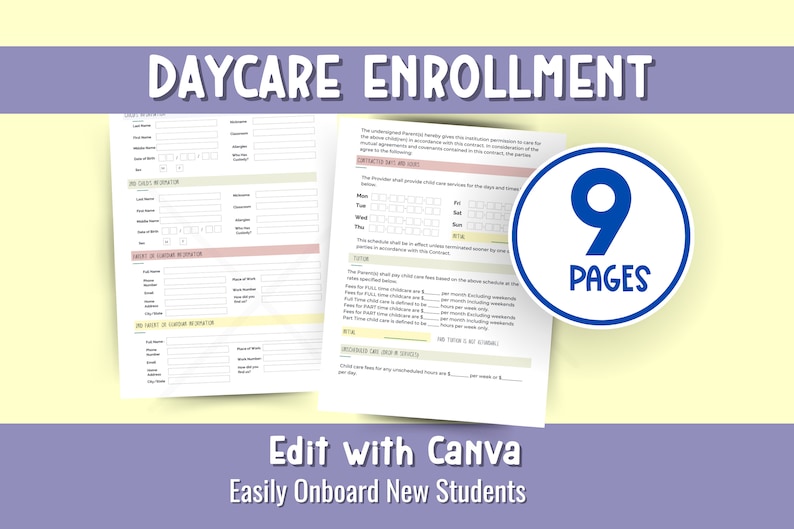 Daycare Enrollment Forms, Childcare Contract, Editable on Canva ...