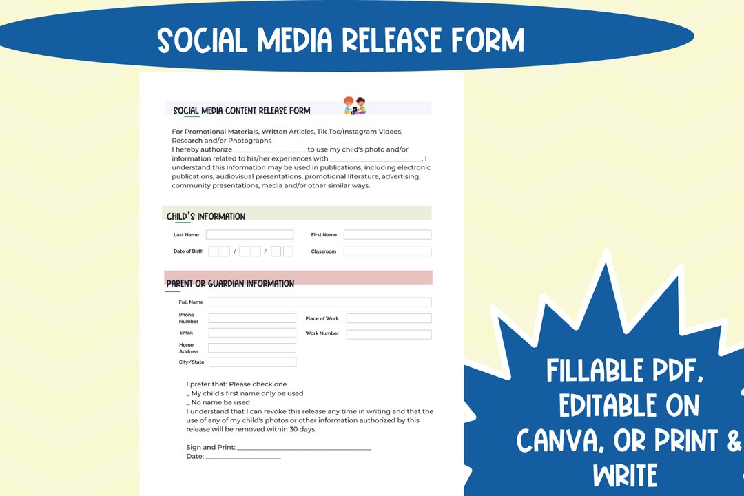 Childcare Photo Release Form, Editable Template (canva, PDF) - Etsy