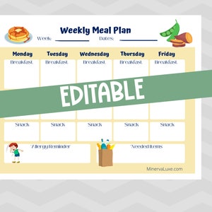 Daycare, Childcare, Home Care Printable Meal Plan, Meal Prep Planner ...