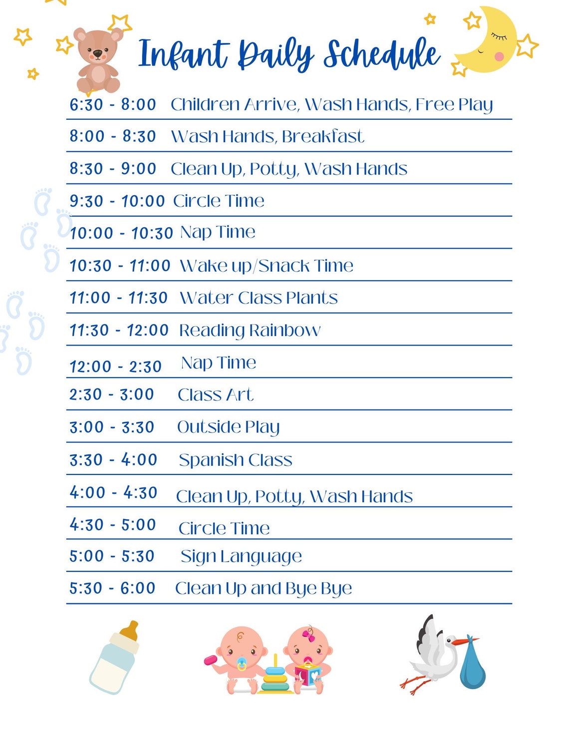 Infant Schedule for Nursery, Childcare, Daycare, Homeware, Fillable PDF ...