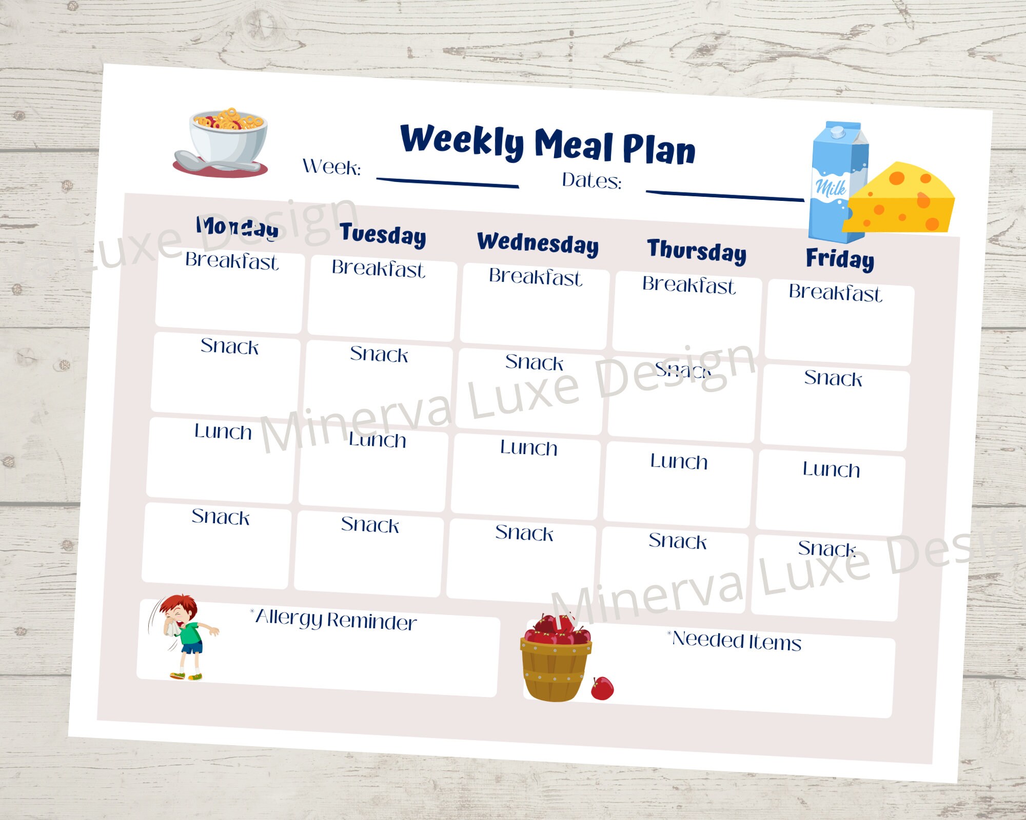 Daycare, Childcare, Home Care Printable Meal Plan, Meal Prep Planner ...