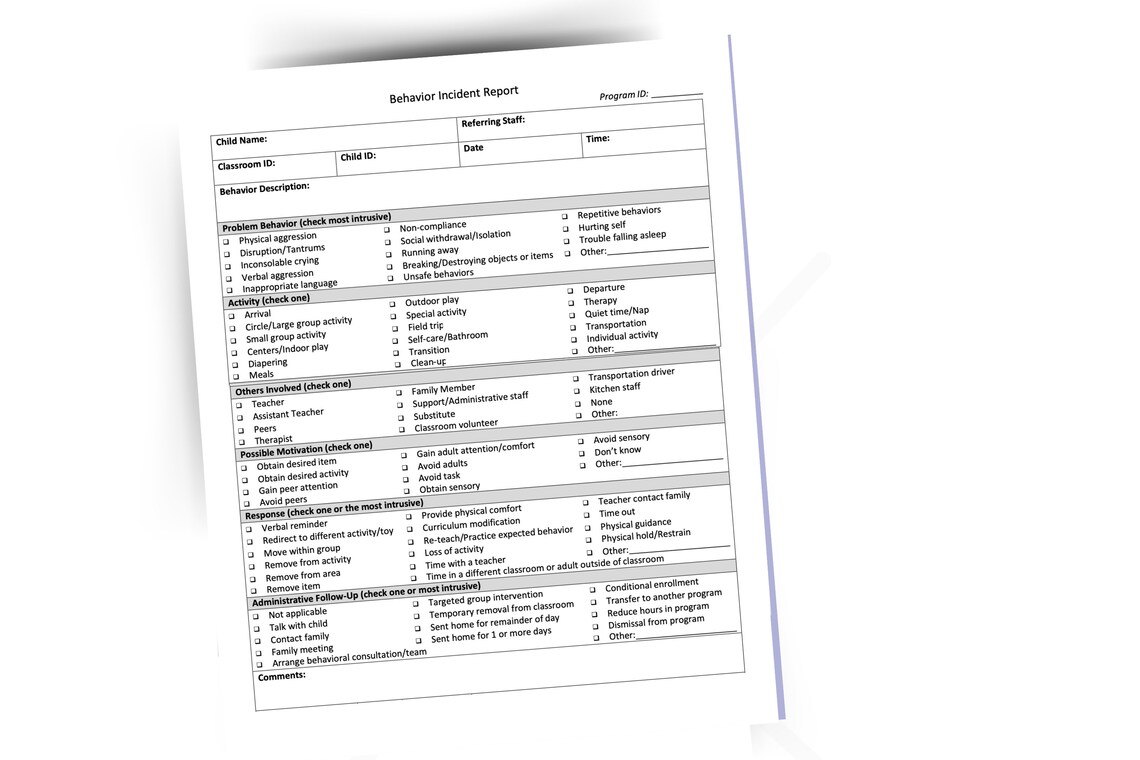 Childcare Behavior Report Fillable PDF. In-home Childcare and Daycare ...