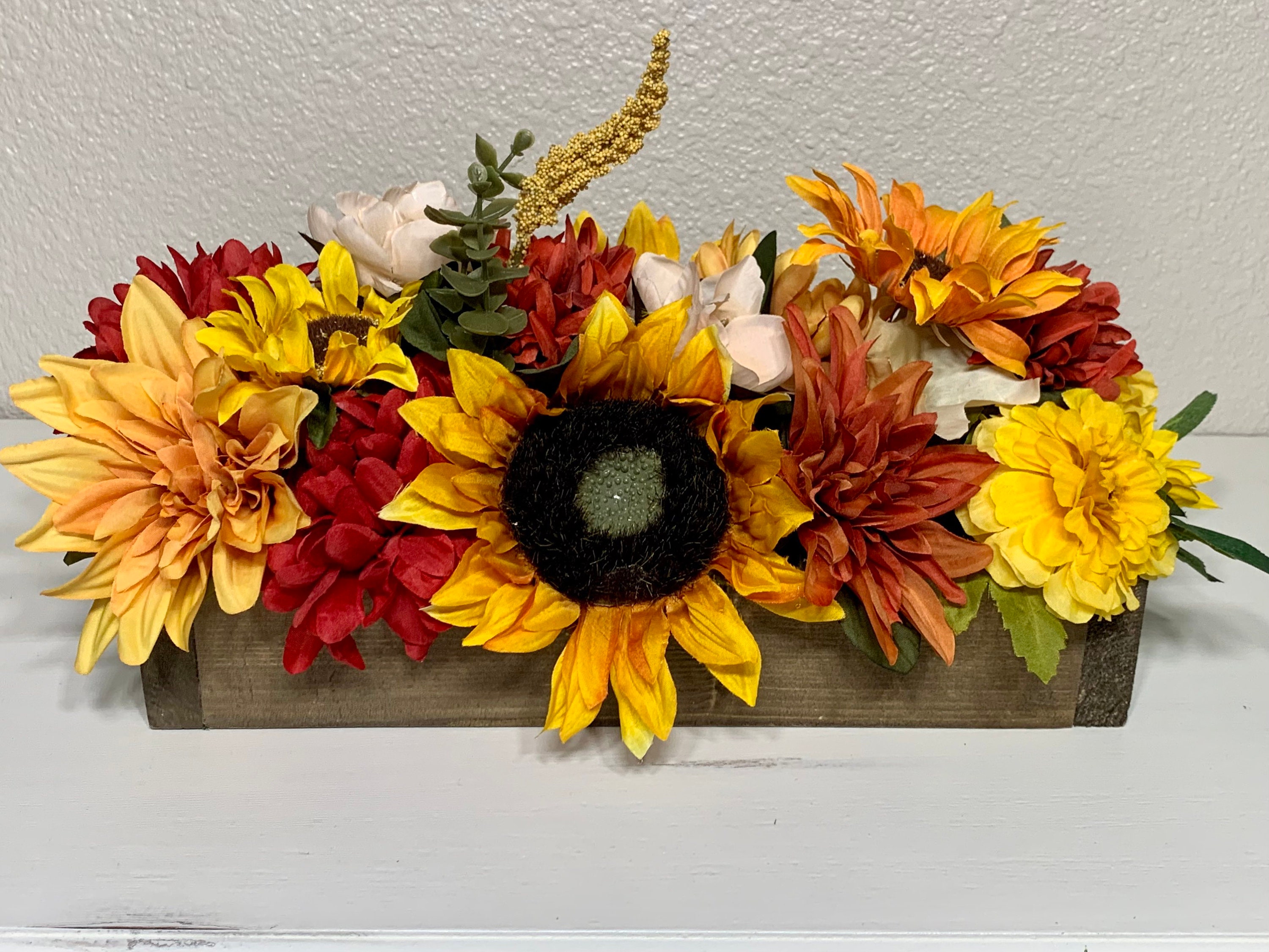Farmhouse Sunflower Arrangement, Wood Planter With Sunflowers ...