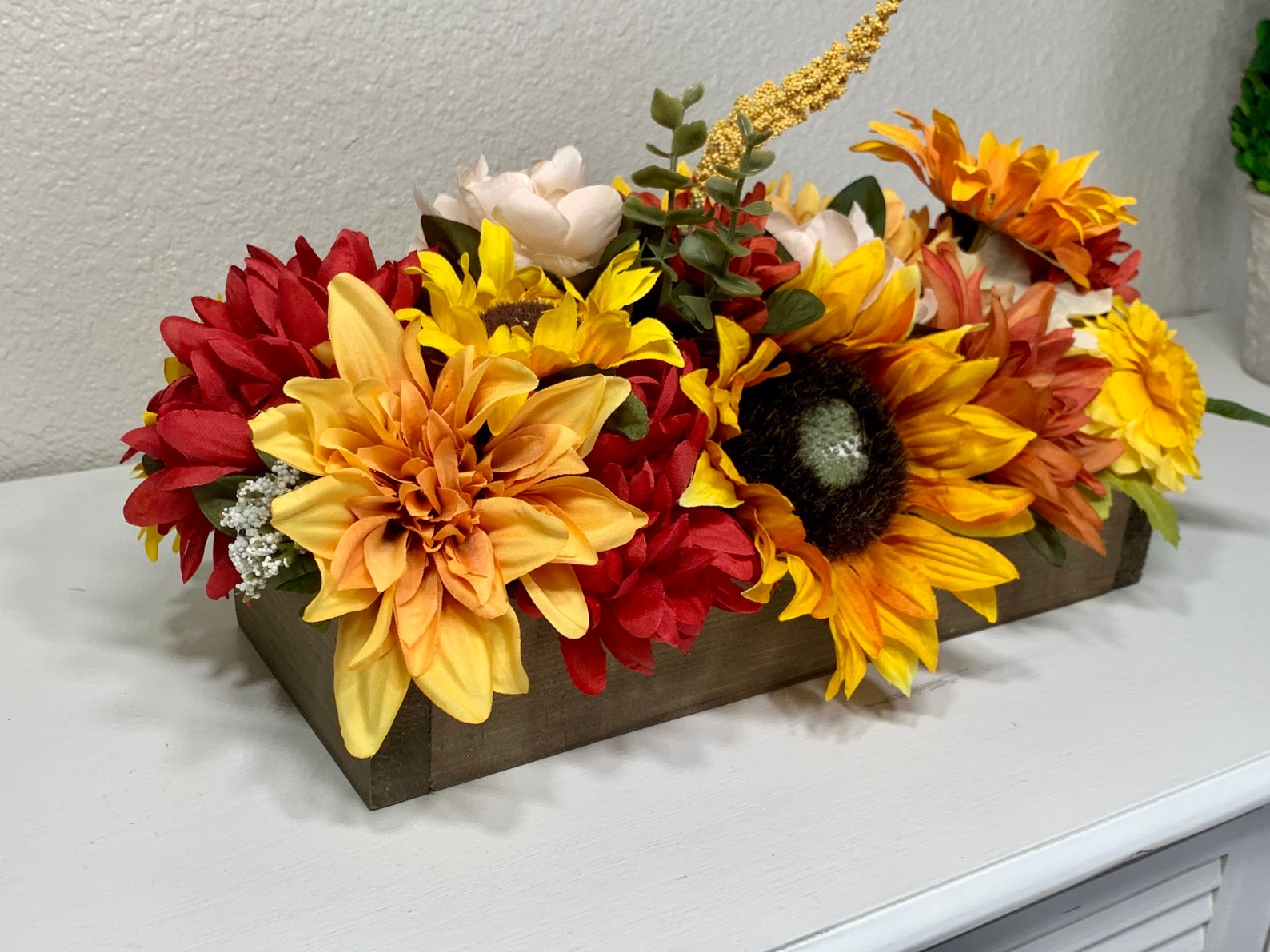 Farmhouse Sunflower Arrangement, Wood Planter With Sunflowers ...