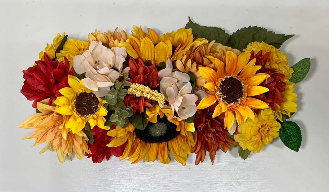 Farmhouse Sunflower Arrangement, Wood Planter With Sunflowers ...