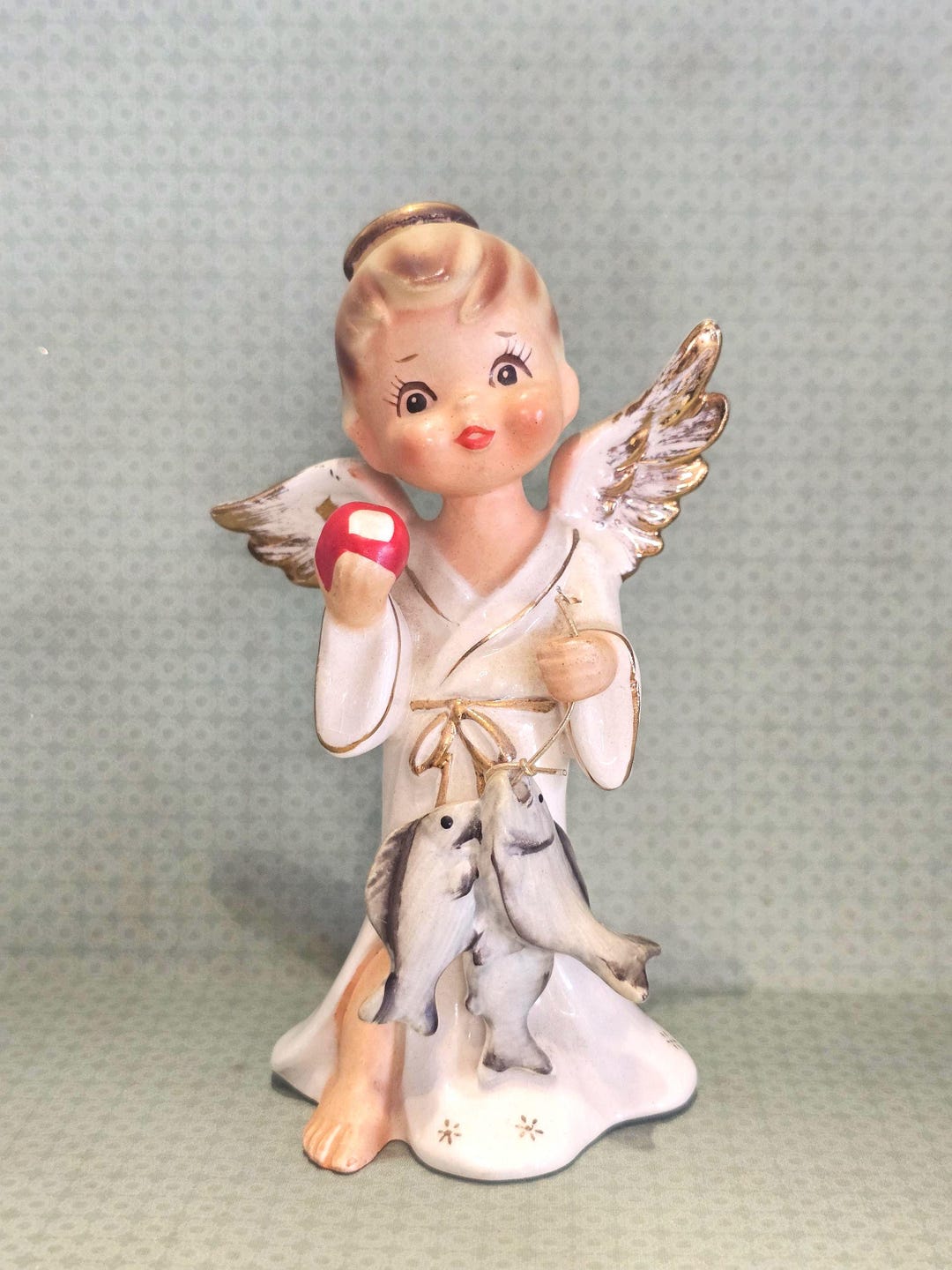 Vintage Napco Fishing Boy Angel Figurine, Gold Accents - Etsy