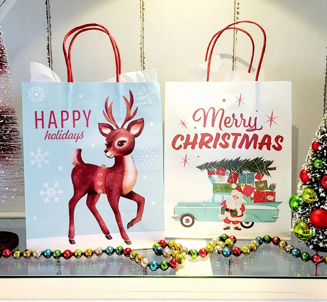 Set of 2 Retro Christmas Gift Bags, Christmas Gift Bag, Christmas Gift ...