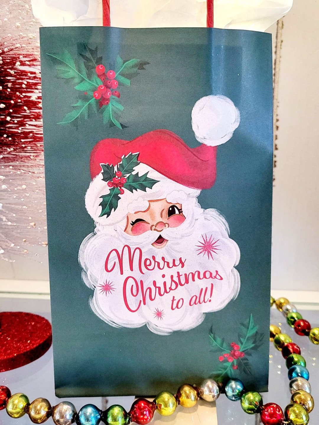Retro Christmas Gift Bag Set (2), Christmas Gift Bag, Retro Santa, Gift ...