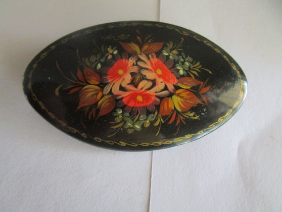 Antique Paper Mache Hand Painted Floral Design Brooch - Gem