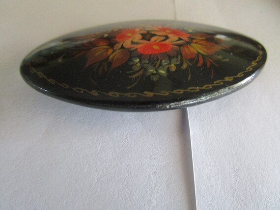Antique Paper Mache Hand Painted Floral Design Brooch - Gem