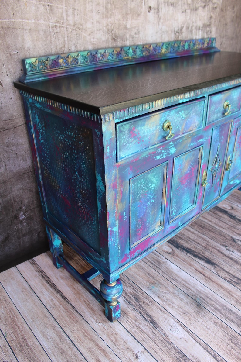 Abstract Painted Sideboard: Eclectic Bohemian Blue/green Buffet - Etsy