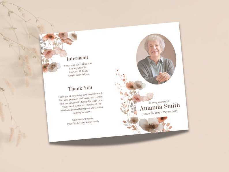 Floral Funeral Program Template Neutral Colors Editable Obituary ...