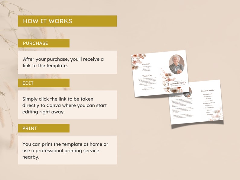 Floral Funeral Program Template Neutral Colors Editable Obituary ...