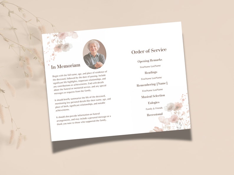 Floral Funeral Program Template Neutral Colors Editable Obituary ...