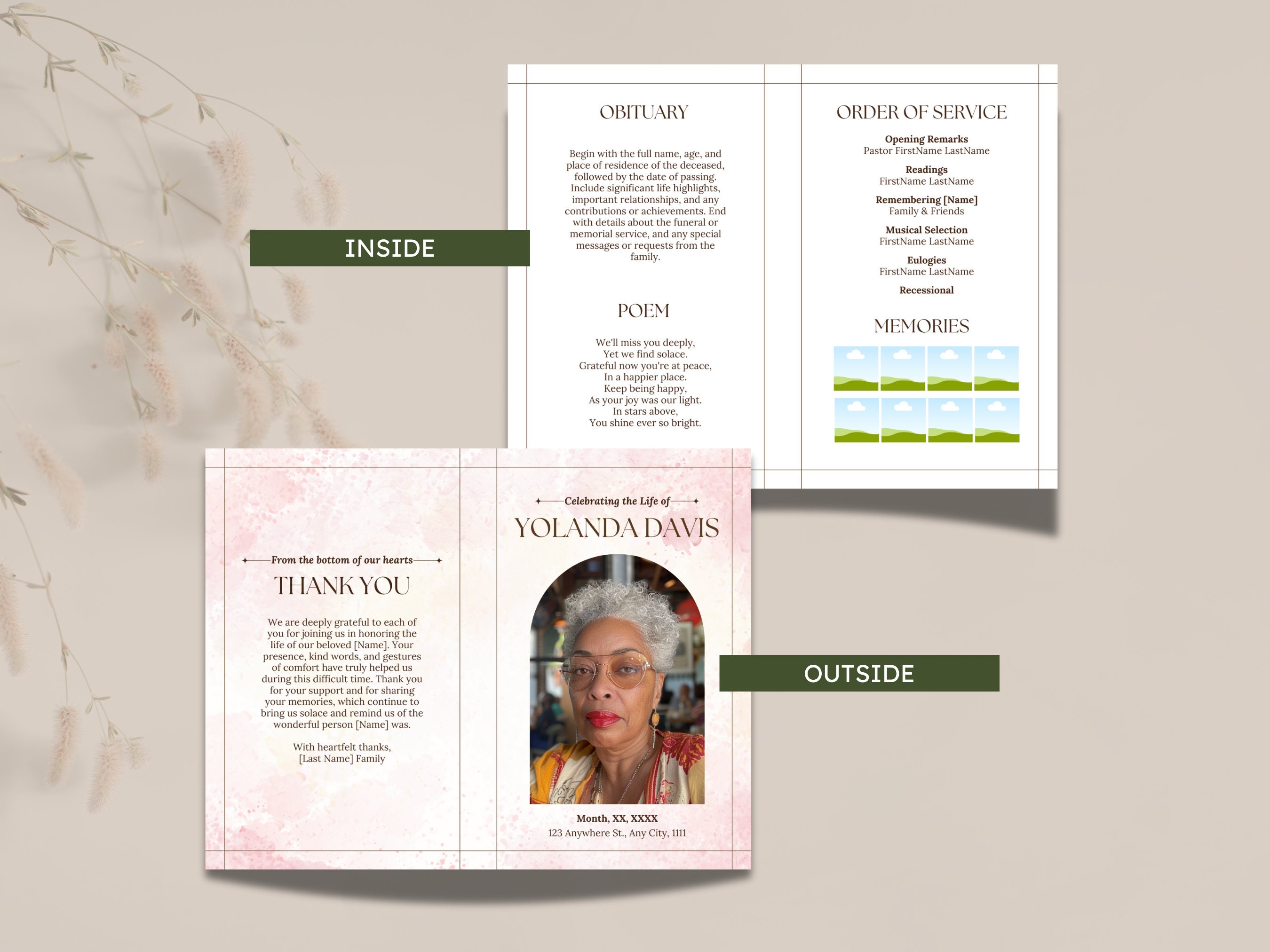 Pink Funeral Program Template Editable Obituary Template for Memorial ...
