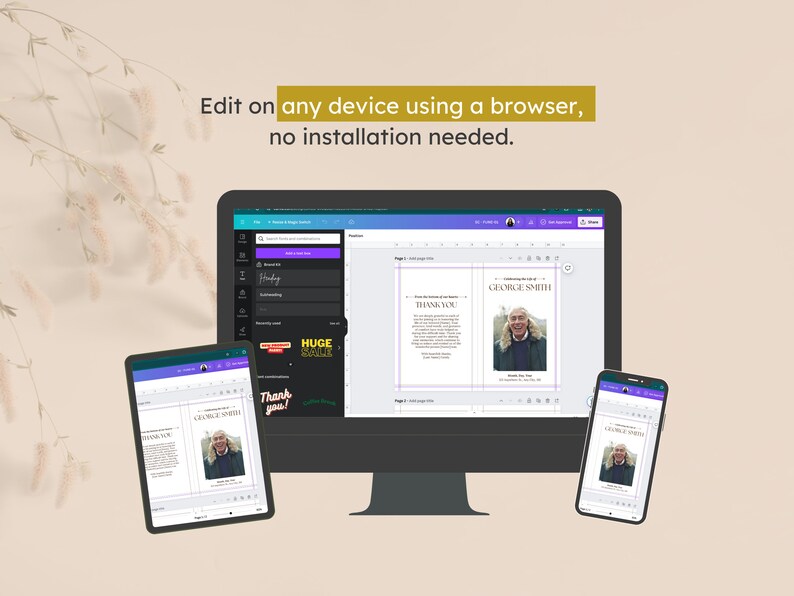 Floral Funeral Program Template Neutral Colors Editable Obituary ...