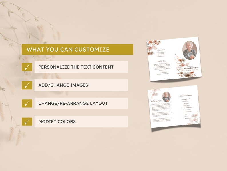 Floral Funeral Program Template Neutral Colors Editable Obituary ...