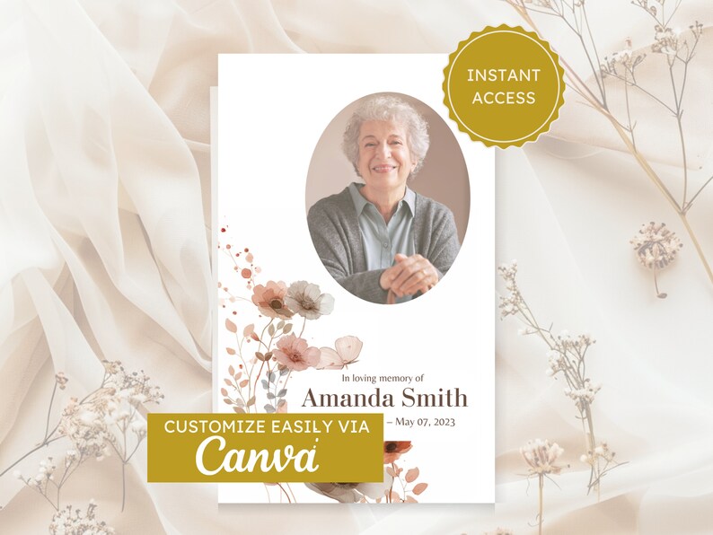 Floral Funeral Program Template Neutral Colors Editable Obituary ...