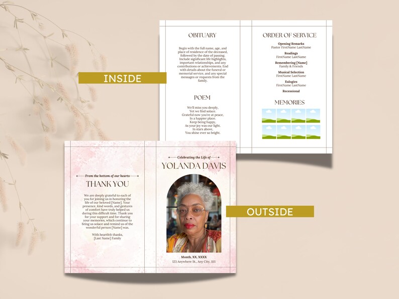 Pink Funeral Program Template Editable Obituary Template for Memorial ...