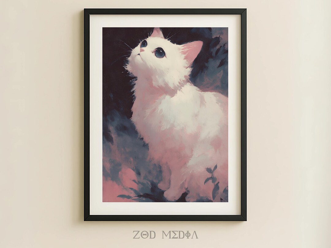 White Cat Wall Art – Dreamy Liminal Stare – Printable Art – Digital ...