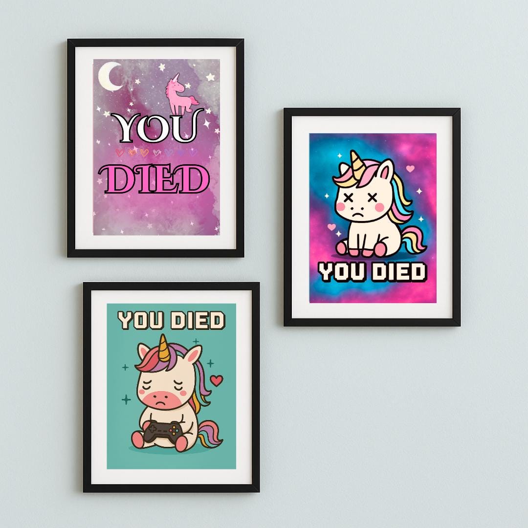 YOU DIED Pastel Unicorn Poster Bundle – Funny Pastel Gaming Wall Art ...