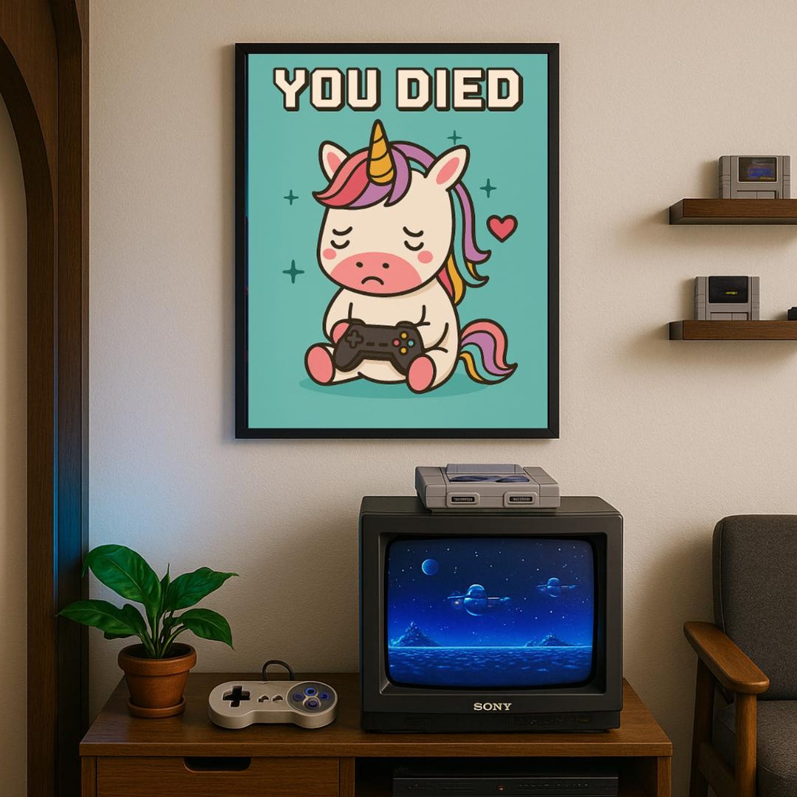 YOU DIED Unicorn Gamer Poster – Kawaii Sad Gaming Art, Teal Pixel Wall ...