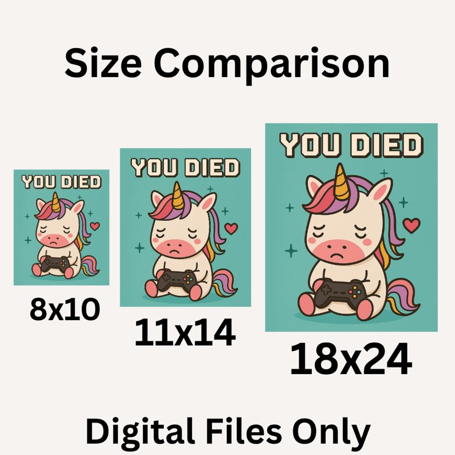 YOU DIED Unicorn Gamer Poster – Kawaii Sad Gaming Art, Teal Pixel Wall ...