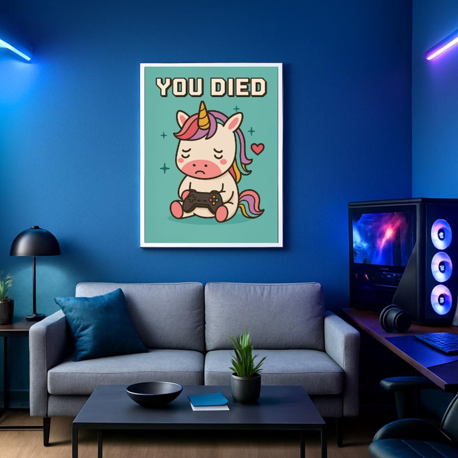 YOU DIED Unicorn Gamer Poster – Kawaii Sad Gaming Art, Teal Pixel Wall ...