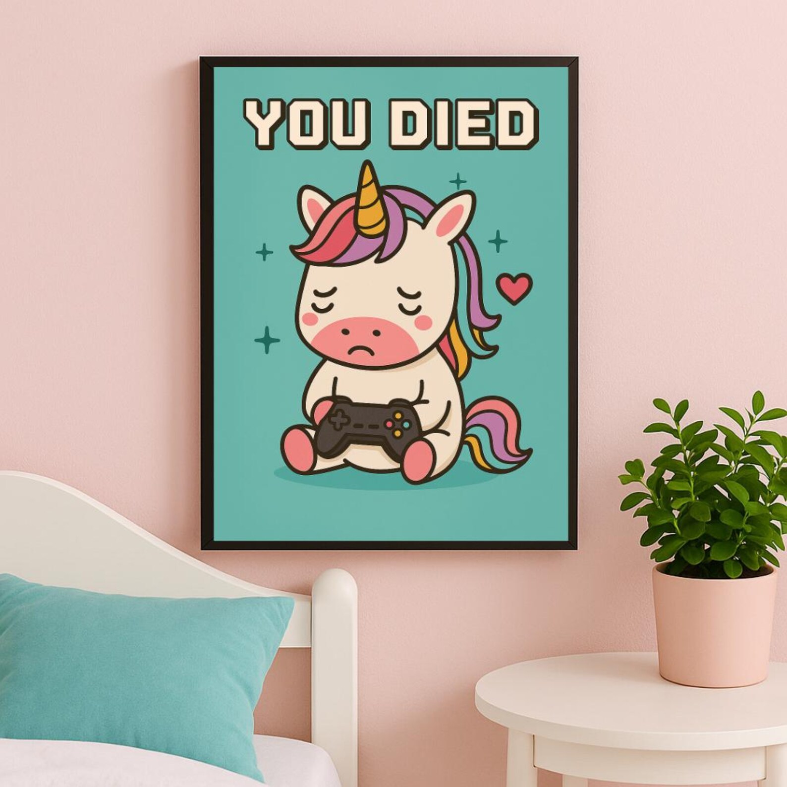 YOU DIED Unicorn Gamer Poster – Kawaii Sad Gaming Art, Teal Pixel Wall ...