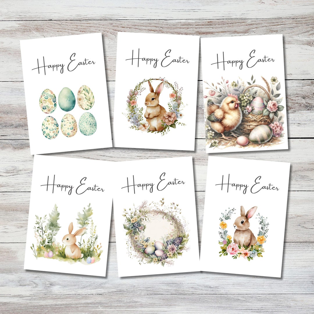 Printable Easter Watercolor Cards - Set of 6, Cute Easter Greeting Card ...