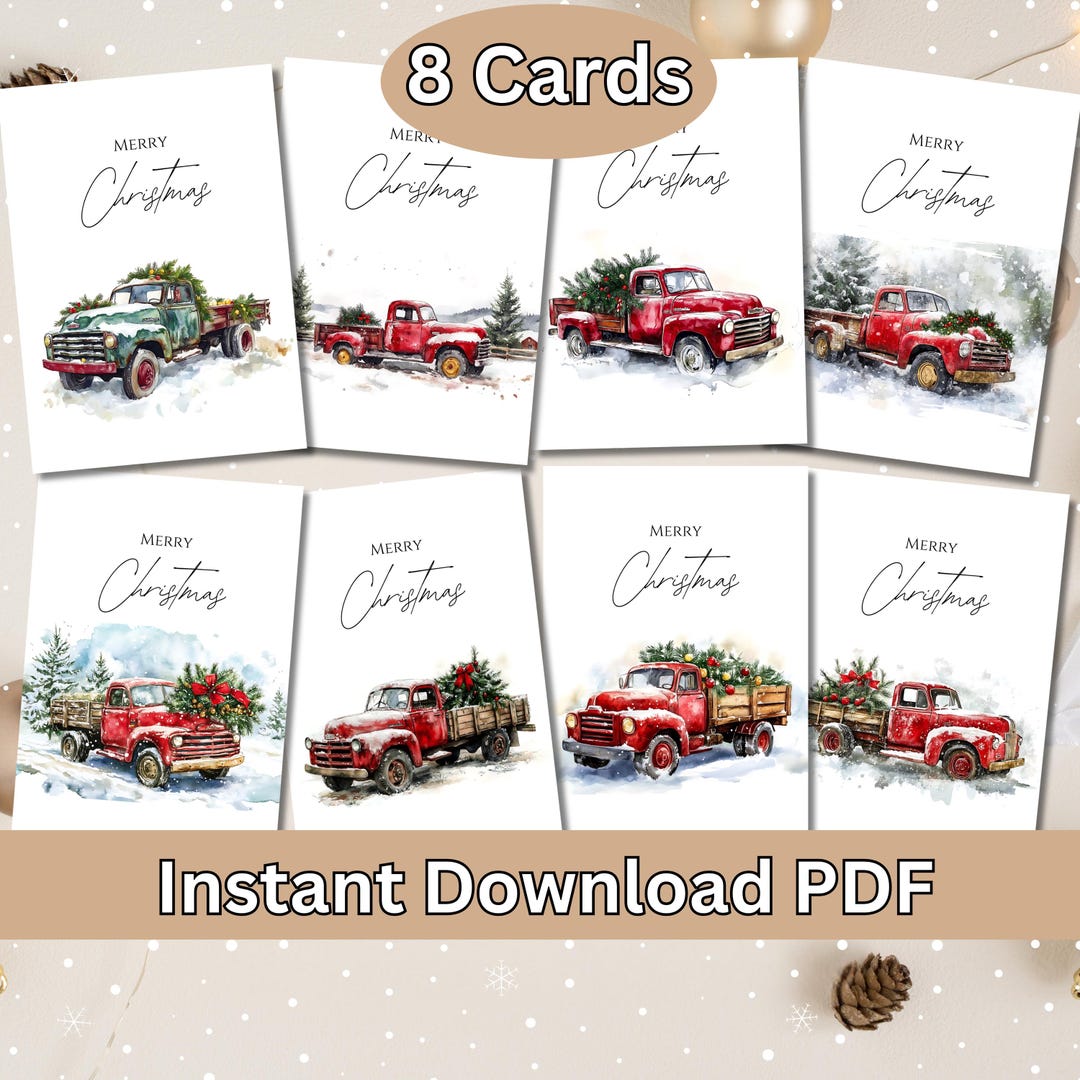 Vintage Watercolor Truck Christmas Cards: 8 Printable Greetings 5x7 ...